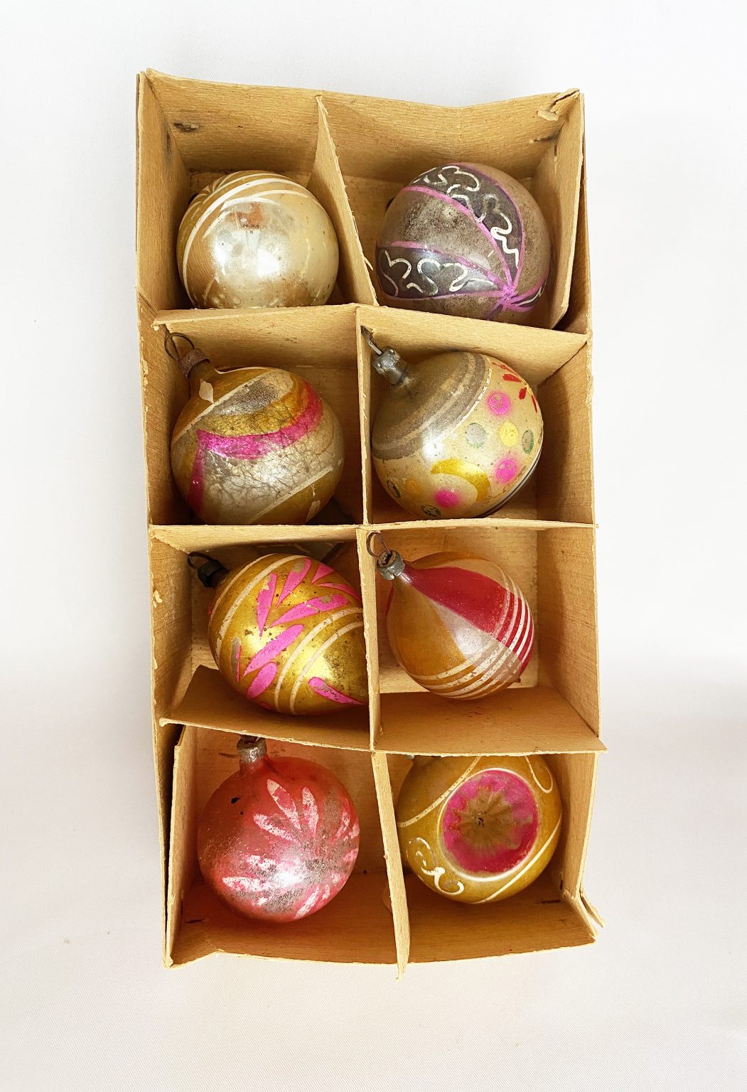 8 Antique German Christmas Ornaments in Box, Early Hand Painted Glass ...