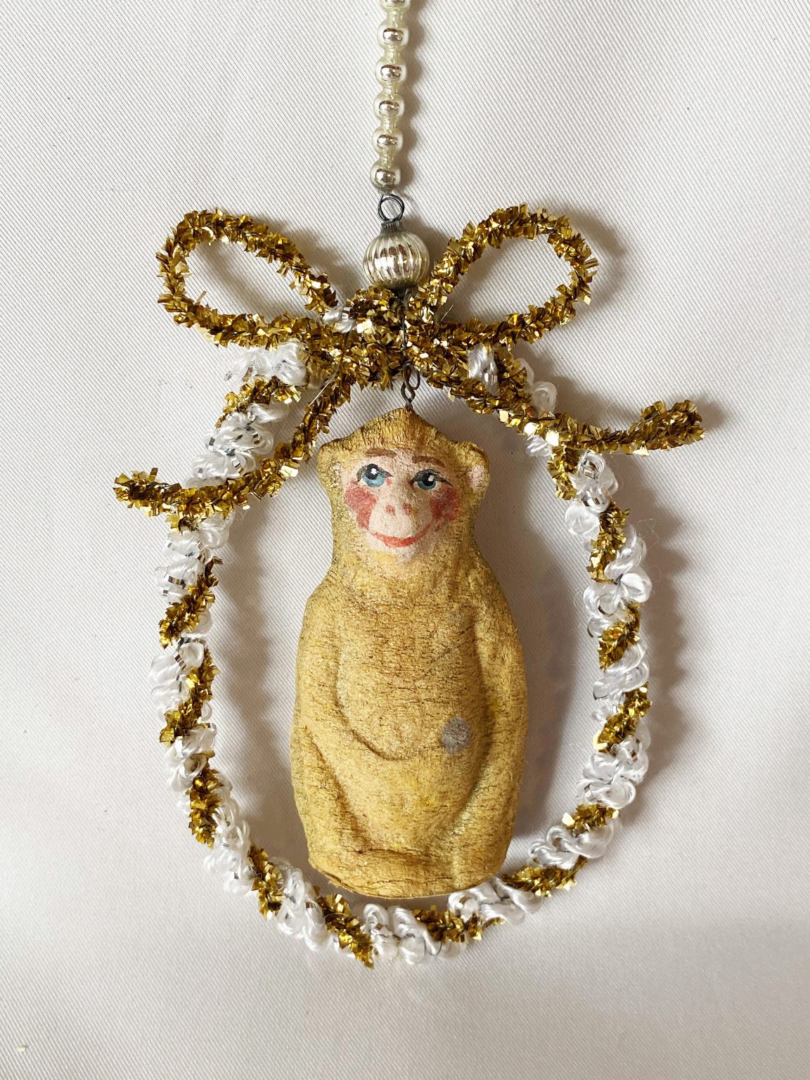 Vintage Tinsel Christmas Ornament Czech Paper Mâché Monkey Wreath ...